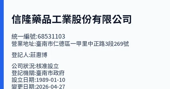 信隆藥品工業股份有限公司的照片-統編 68531103(臺南市) 公司登記資料與營業項目詳細圖表