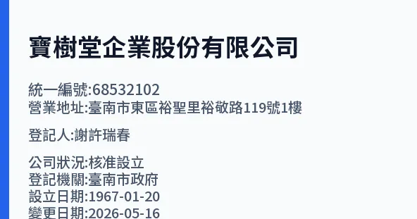 寶樹堂企業股份有限公司的照片-統編 68532102(臺南市) 公司登記資料與營業項目詳細圖表