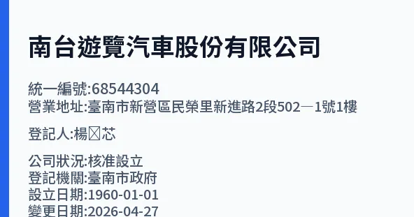 南台遊覽汽車股份有限公司的照片-統編 68544304(臺南市) 公司登記資料與營業項目詳細圖表