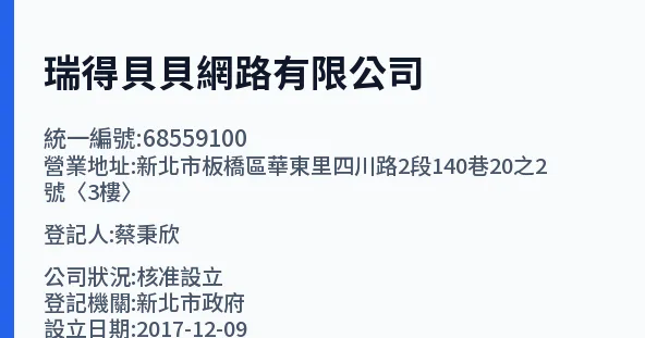 瑞得貝貝網路有限公司的照片-統編 68559100(新北市) 公司登記資料與營業項目詳細圖表