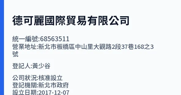 德可麗國際貿易有限公司的照片-統編 68563511(新北市) 公司登記資料與營業項目詳細圖表