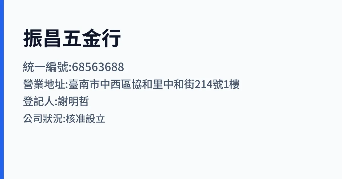 振昌五金行 - 統編 68563688(臺南市) 公司登記資料與營業項目詳細圖表
