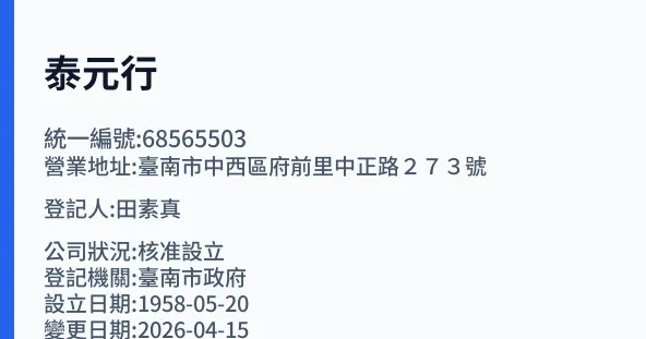 泰元行的照片-統編 68565503(臺南市) 公司登記資料與營業項目詳細圖表