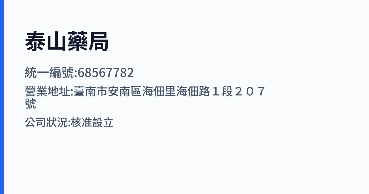 泰山藥局 - 統編 68567782(臺南市) 公司登記資料與營業項目詳細圖表