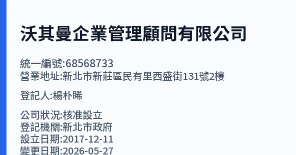 沃其曼企業管理顧問有限公司的照片-統編 68568733(新北市) 公司登記資料與營業項目詳細圖表