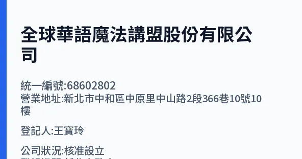 全球華語魔法講盟股份有限公司的照片-統編 68602802(新北市) 公司登記資料與營業項目詳細圖表