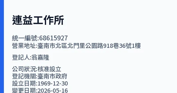 連益工作所的照片-統編 68615927(臺南市) 公司登記資料與營業項目詳細圖表
