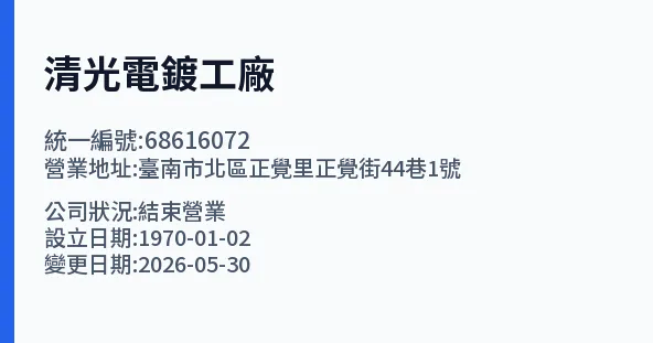 清光電鍍工廠的照片-統編 68616072(臺南市) 公司登記資料與營業項目詳細圖表