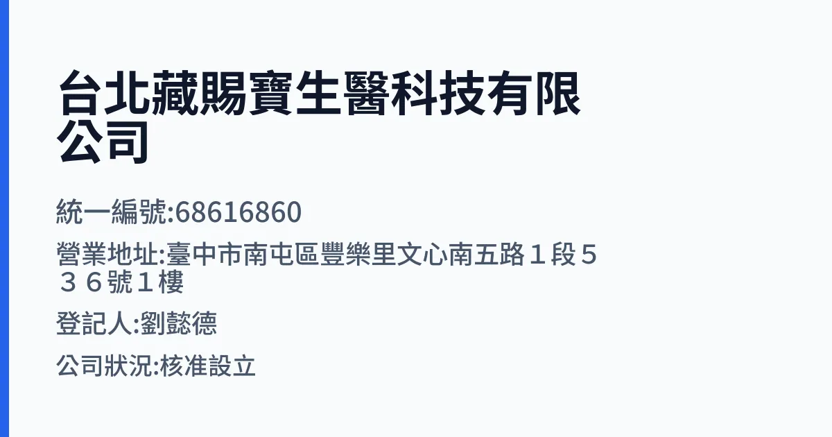 台北藏賜寶生醫科技有限公司 - 統編 68616860(臺中市) 公司登記資料與營業項目詳細圖表
