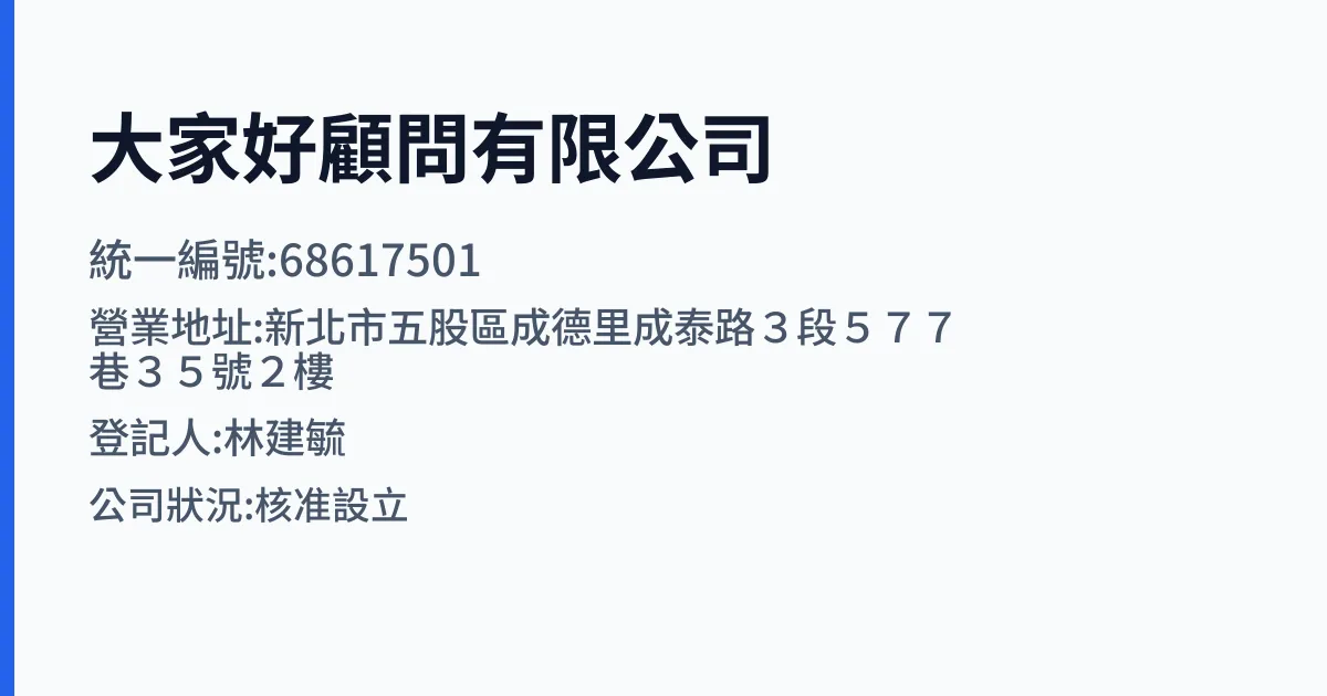 大家好顧問有限公司 - 統編 68617501(新北市) 公司登記資料與營業項目詳細圖表