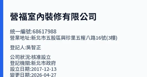營福室內裝修有限公司的照片-統編 68617988(新北市) 公司登記資料與營業項目詳細圖表