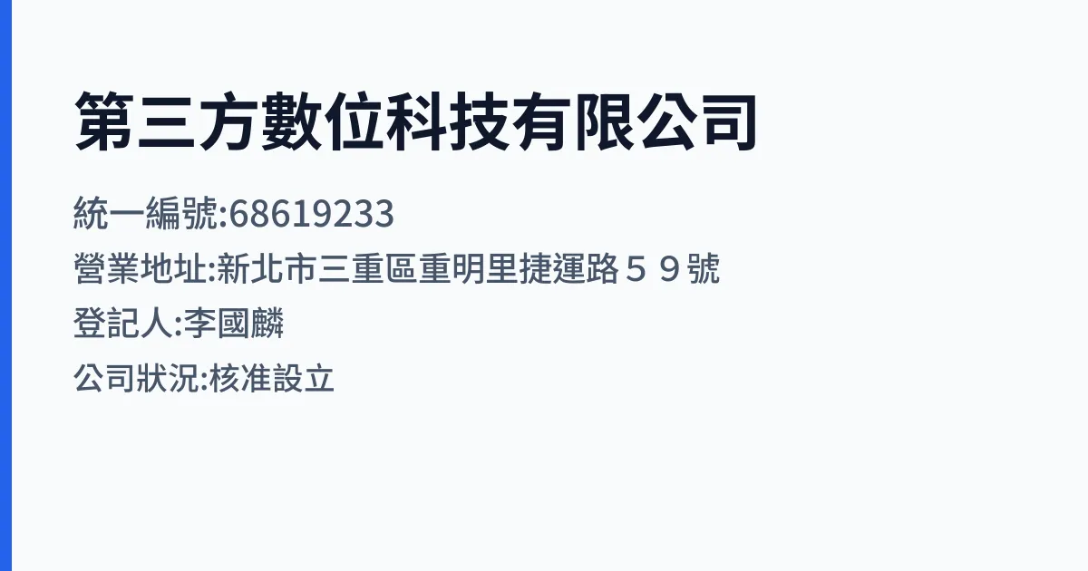 第三方數位科技有限公司 - 統編 68619233(新北市) 公司登記資料與營業項目詳細圖表