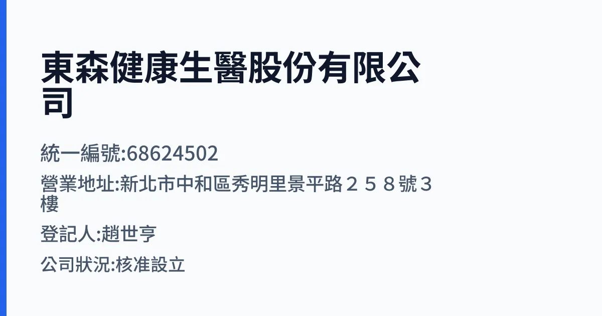 東森健康生醫股份有限公司 - 統編 68624502(新北市) 公司登記資料與營業項目詳細圖表