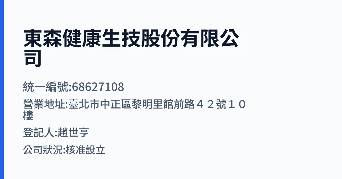 東森健康生技股份有限公司 - 統編 68627108(臺北市) 公司登記資料與營業項目詳細圖表