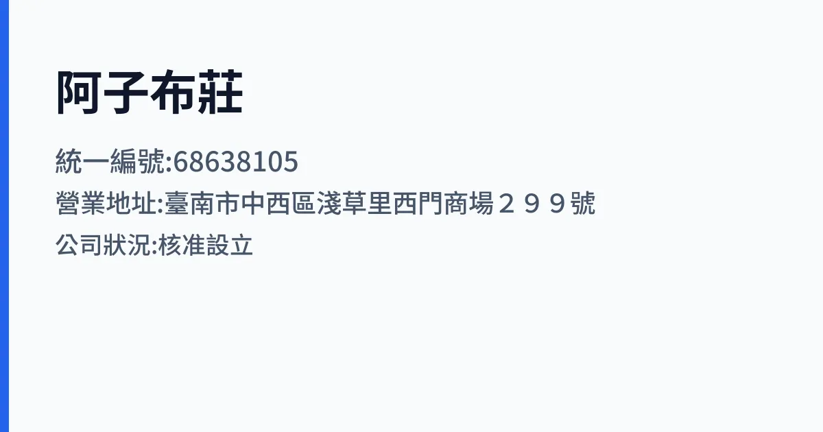 阿子布莊 - 統編 68638105(臺南市) 公司登記資料與營業項目詳細圖表