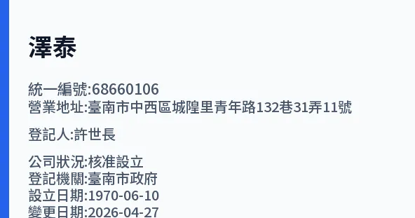 澤泰的照片-統編 68660106(臺南市) 公司登記資料與營業項目詳細圖表