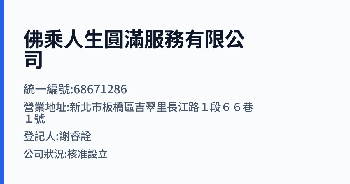 佛乘人生圓滿服務有限公司 - 統編 68671286(新北市) 公司登記資料與營業項目詳細圖表