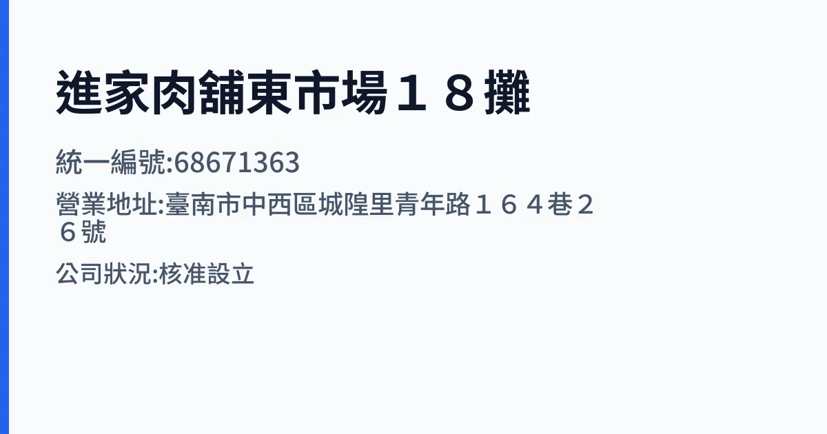 進家肉舖東市場18攤 - 統編 68671363(臺南市) 公司登記資料與營業項目詳細圖表