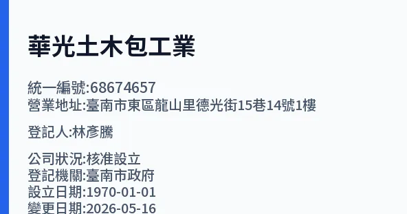 華光土木包工業的照片-統編 68674657(臺南市) 公司登記資料與營業項目詳細圖表