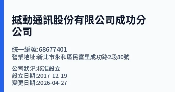 撼動通訊股份有限公司成功分公司的照片-統編 68677401(新北市) 公司登記資料與營業項目詳細圖表