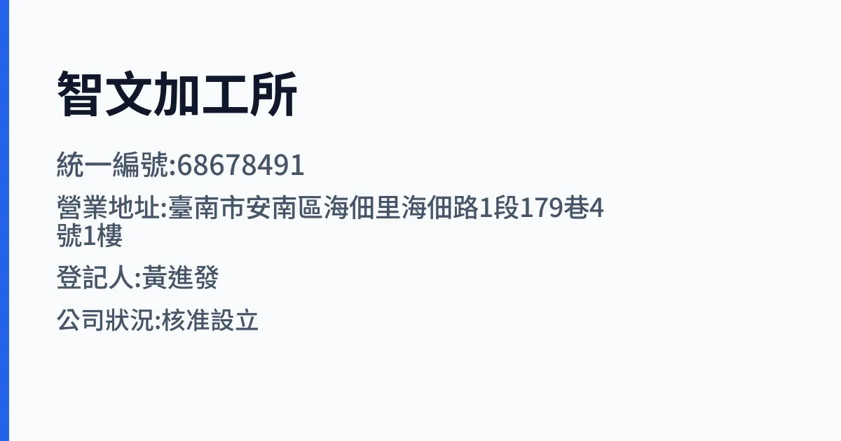 智文加工所 - 統編 68678491(臺南市) 公司登記資料與營業項目詳細圖表