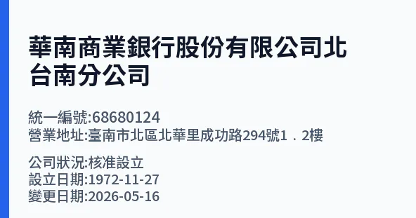 華南商業銀行股份有限公司北台南分公司的照片-統編 68680124(臺南市) 公司登記資料與營業項目詳細圖表