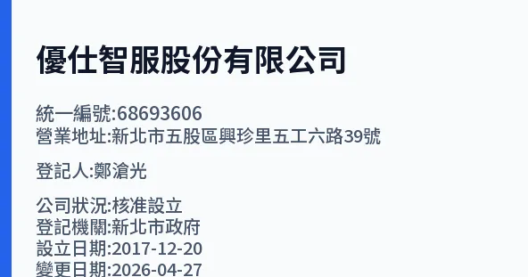 優仕智服股份有限公司的照片-統編 68693606(新北市) 公司登記資料與營業項目詳細圖表