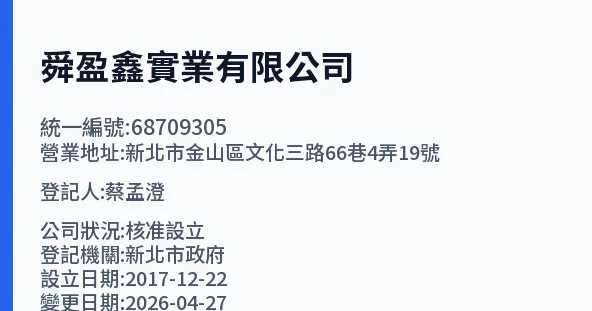 舜盈鑫實業有限公司的照片-統編 68709305(新北市) 公司登記資料與營業項目詳細圖表