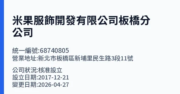 米果服飾開發有限公司板橋分公司的照片-統編 68740805(新北市) 公司登記資料與營業項目詳細圖表