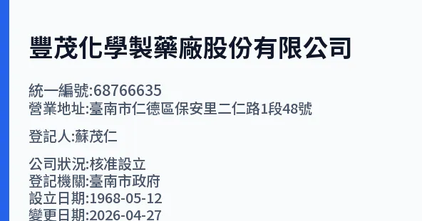 豐茂化學製藥廠股份有限公司的照片-統編 68766635(臺南市) 公司登記資料與營業項目詳細圖表