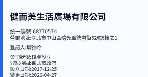 健而美生活廣場有限公司的照片-統編 68770574(臺北市) 公司登記資料與營業項目詳細圖表