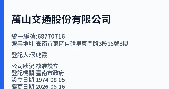萬山交通股份有限公司的照片-統編 68770716(臺南市) 公司登記資料與營業項目詳細圖表