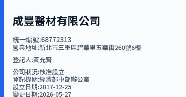 成豐醫材有限公司的照片-統編 68772313(新北市) 公司登記資料與營業項目詳細圖表