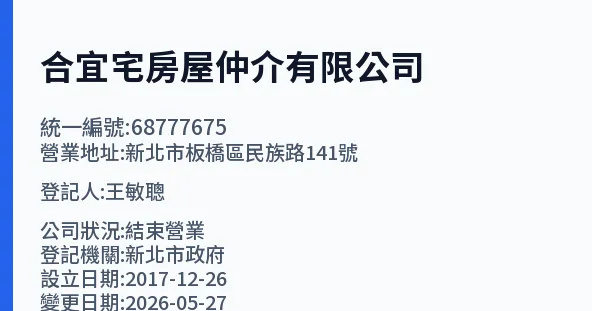 合宜宅房屋仲介有限公司的照片-統編 68777675(新北市) 公司登記資料與營業項目詳細圖表