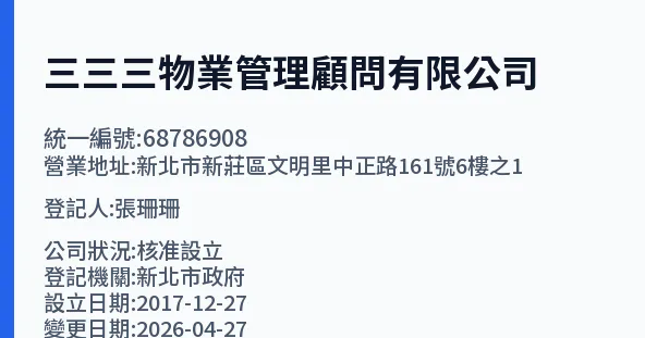 三三三物業管理顧問有限公司的照片-統編 68786908(新北市) 公司登記資料與營業項目詳細圖表