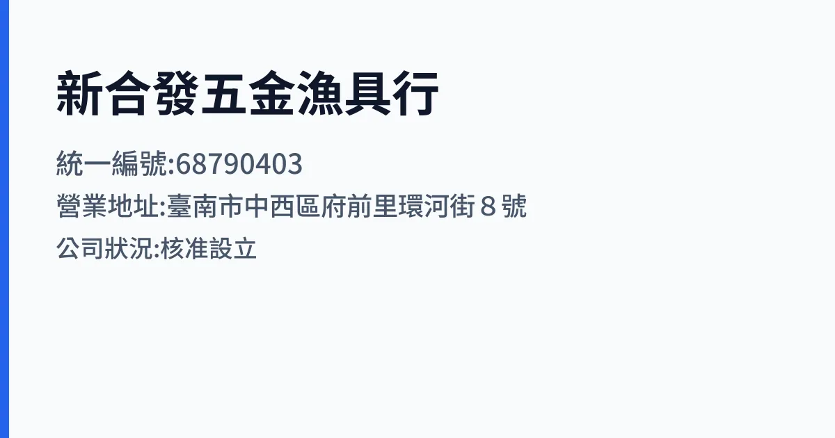 新合發五金漁具行 - 統編 68790403(臺南市) 公司登記資料與營業項目詳細圖表