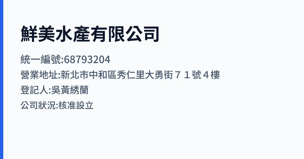 鮮美水產有限公司 - 統編 68793204(新北市) 公司登記資料與營業項目詳細圖表