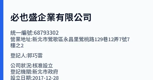 必也盛企業有限公司的照片-統編 68793302(新北市) 公司登記資料與營業項目詳細圖表