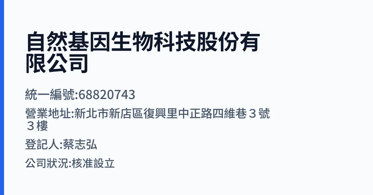 自然基因生物科技股份有限公司 - 統編 68820743(新北市) 公司登記資料與營業項目詳細圖表