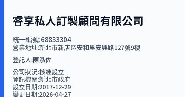 睿享私人訂製顧問有限公司的照片-統編 68833304(新北市) 公司登記資料與營業項目詳細圖表