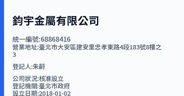 鈞宇金屬有限公司的照片-統編 68868416(臺北市) 公司登記資料與營業項目詳細圖表