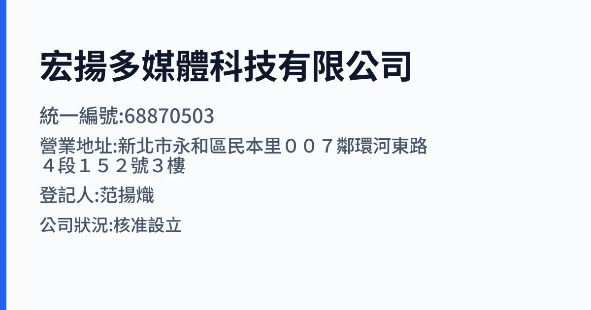 宏揚多媒體科技有限公司 - 統編 68870503(新北市) 公司登記資料與營業項目詳細圖表