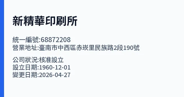 新精華印刷所的照片-統編 68872208(臺南市) 公司登記資料與營業項目詳細圖表