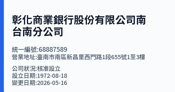 彰化商業銀行股份有限公司南台南分公司的照片-統編 68887589(臺南市) 公司登記資料與營業項目詳細圖表