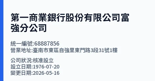 第一商業銀行股份有限公司富強分公司的照片-統編 68887856(臺南市) 公司登記資料與營業項目詳細圖表