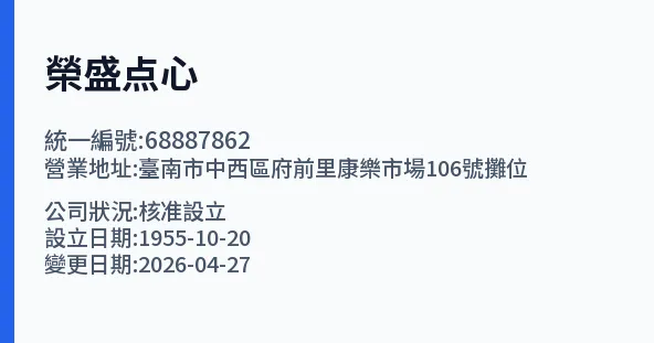 榮盛点心的照片-統編 68887862(臺南市) 公司登記資料與營業項目詳細圖表