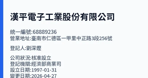 漢平電子工業股份有限公司的照片-統編 68889236(臺南市) 公司登記資料與營業項目詳細圖表