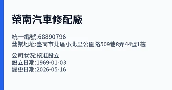 榮南汽車修配廠的照片-統編 68890796(臺南市) 公司登記資料與營業項目詳細圖表