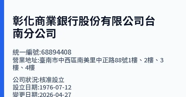 彰化商業銀行股份有限公司台南分公司的照片-統編 68894408(臺南市) 公司登記資料與營業項目詳細圖表
