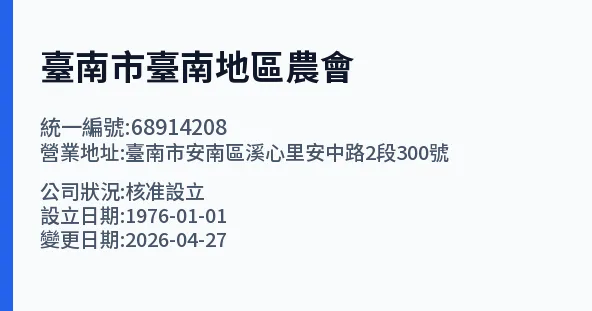 臺南市臺南地區農會的照片-統編 68914208(臺南市) 公司登記資料與營業項目詳細圖表